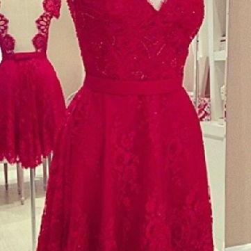 Elegant V Neck Low Back Red Lace Dress on Luulla