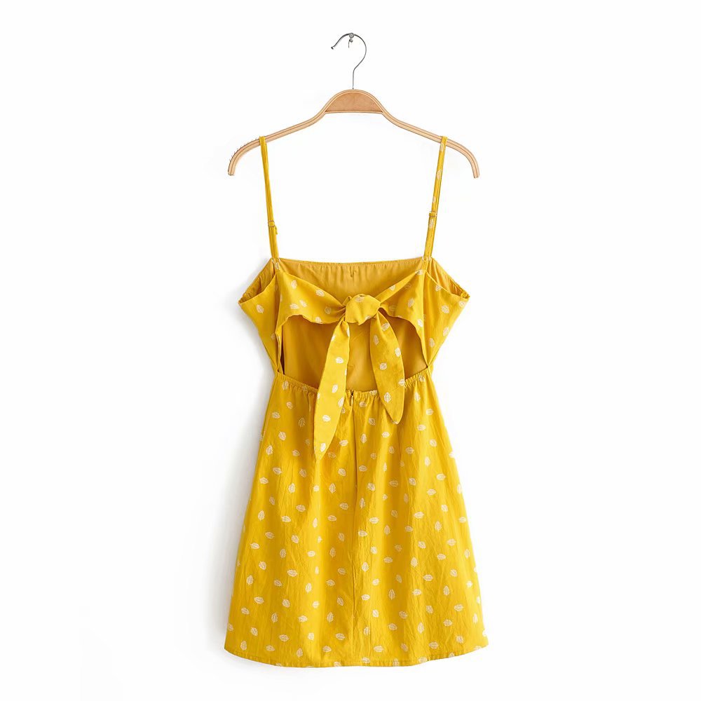 Printed Sling Backless Bow Dress on Luulla