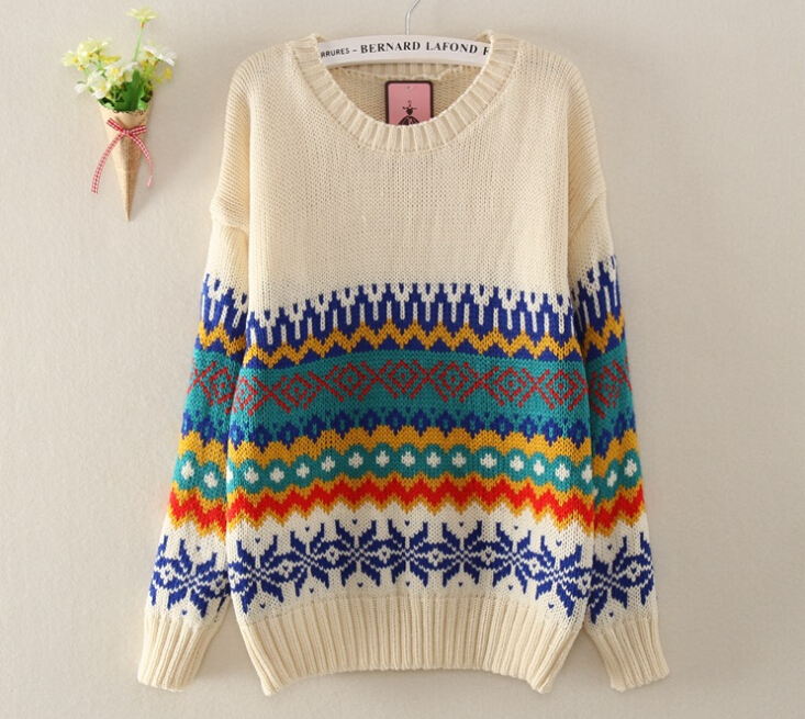 Color Stripe Round Neck Long-sleeved Knit Sweater Ax092403ax on Luulla