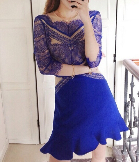 Blue Stitching Lace Dress Ax091102ax on Luulla